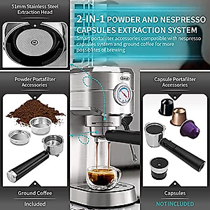 Gevi 20 Bar Compact Professional Espresso Coffee Machine with Milk Frother/Steam Wand for Espresso, Latte and Cappuccino, Stainless Steel, 35 Oz Removable Water Tank (Machine)