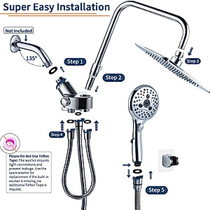 VXV Rainfall Shower Head Combo, 8'' High Pressure Rain Shower Head with 6 Function Handheld Spray, Dual Shower Head Combo with Adjustable Slide Bar, Chrome