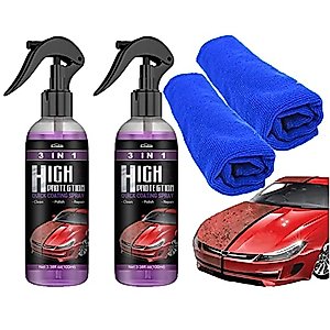 3 in 1 High Protection Ceramic Coating Nano Spray, Car Coating Wax Polishing Spray, Plastic Refresher, Fast Fine Scratch Repair(2Pcs*100ml+2 Towel)