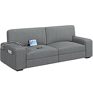 Yaheetech 83.5" W Modern Sofa Couch Corduroy Fabric Sofa with USB Charging Ports & Side Storage Pockets for Living Room Apartment, Dark Gray