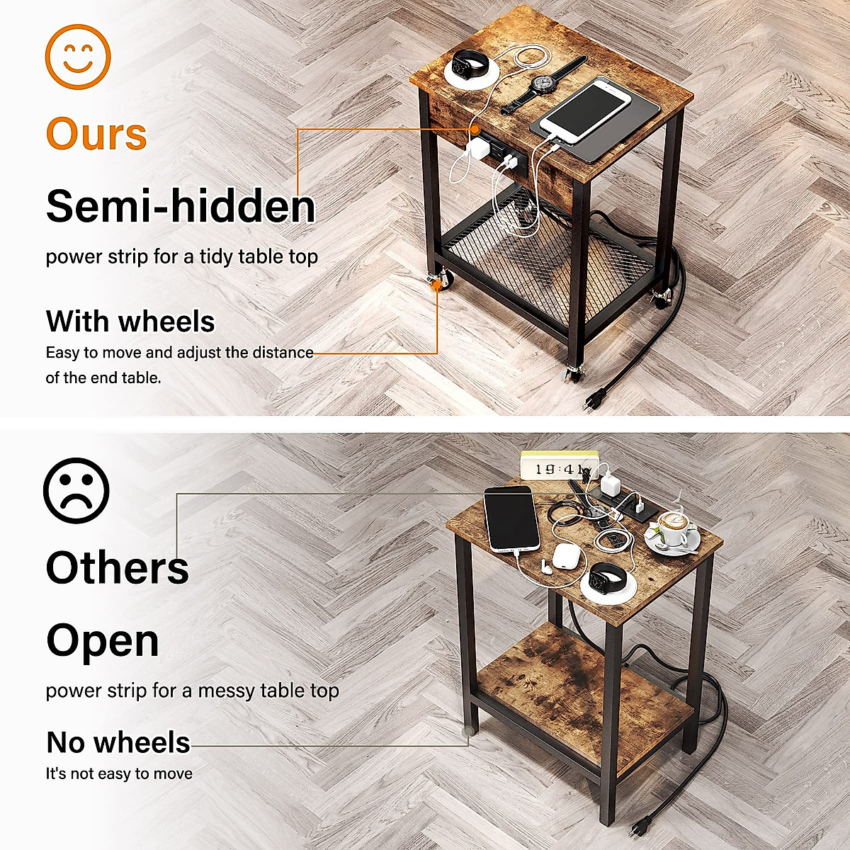 TC-HOMENY End Table Set of 2 with Charging Station & USB Ports, Side Table with Wheels & Storage Shelf Nightstand for Living Room Bedroom