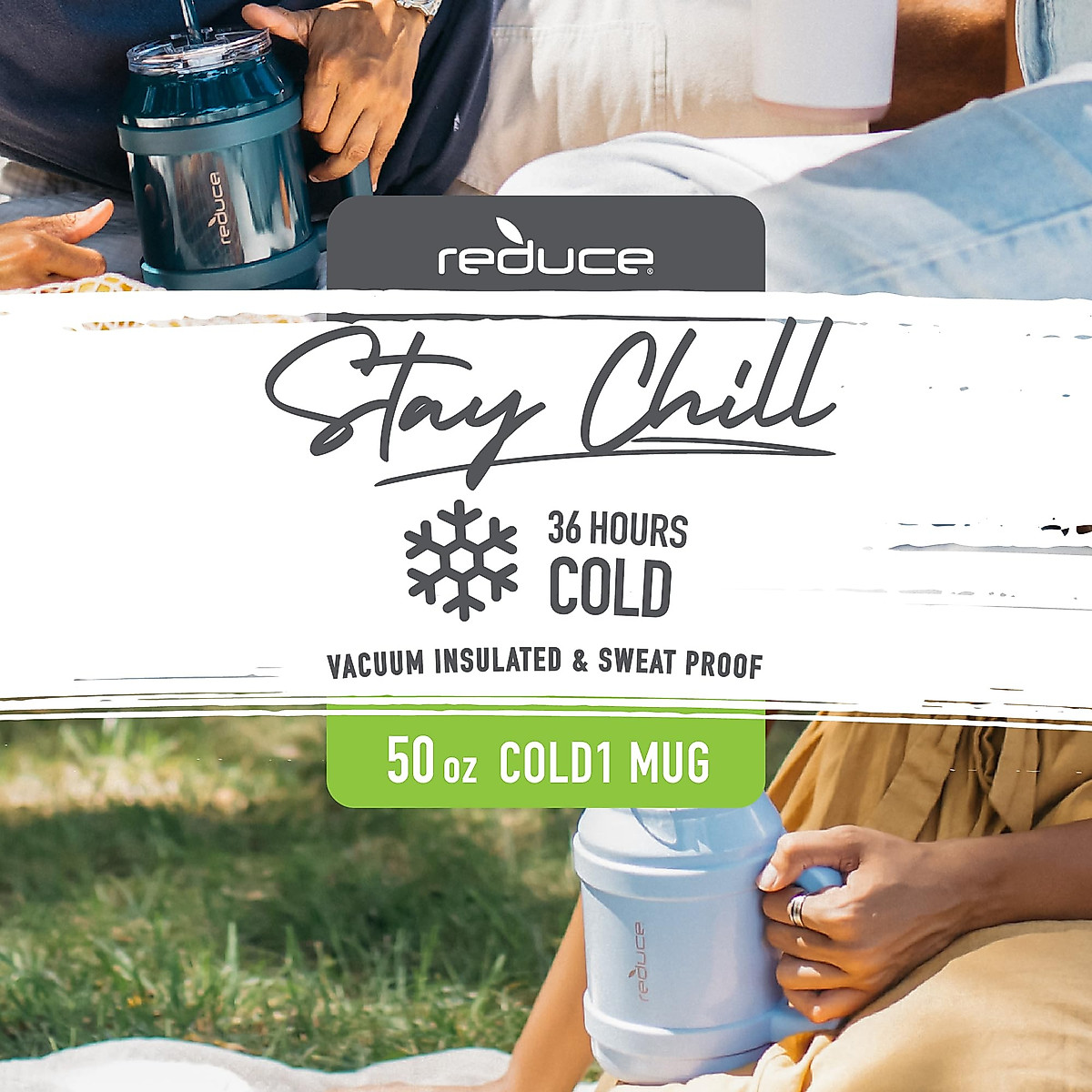 REDUCE Cold1 50 oz Reusable Mug Tumbler with Handle - Insulated Stainless Steel Water Bottle for Home, Office and Gym; Straw or Leakproof Flip Lid, Keeps Drinks Ice Cold All Day - Matte Phantom