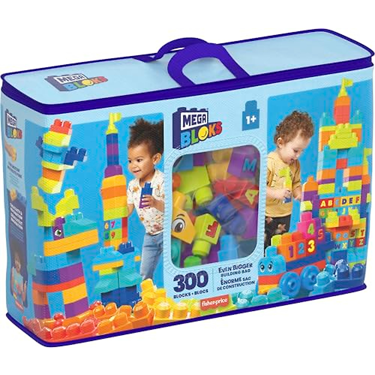 Mega BLOKS First Builders Toddler Blocks Toys Set, Even Bigger Building Bag with 300 Pieces and Storage, Blue, Ages 1+ Years