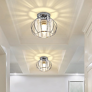 Silver Modern Semi Flush Mount Ceiling Light Fixture, Metal Chrome Pendant Light, Antique Chandelier Crystal Ceiling Lamp, Flush Mount Farmhouse Lighting for Hallway, Kitchen Island, Porch