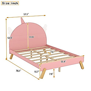 SOFTSEA Pink Full Bed Frame for Girls, Kids Cute Bed Frame Full Bed Frame with Headboard, Wood Platform Bed Frame for Kids, No Box Spring Needed Easy Assemble