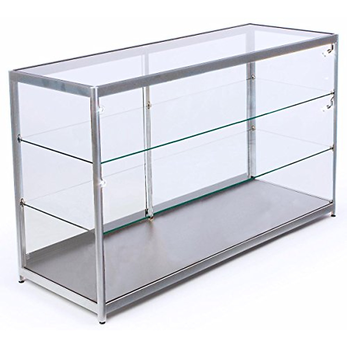 Displays2go 6’ Counter Glass Showcases with Side Lighting, Lockable, Tempered Glass Shelves, Aluminum Frame – Silver (JBQCT72LED)