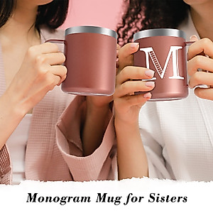 LiqCool Initial Mug, Monogrammed Gifts for Women Men, Letter-M, K, A, S Initial Monogram Engraved Coffee Mug Tumbler, Monogram Mug Personalized Gifts for Women Men, 12 Oz Travel Coffee Mug(Rose Gold)