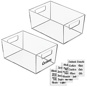 mDesign Small Plastic Kitchen Storage Container Bin, Handles for Organization in Pantry, Cabinet, Refrigerator, Freezer - Hold Food, Drink, Snacks, Prism Collection, Includes 2 Bins, 32 Labels, Clear