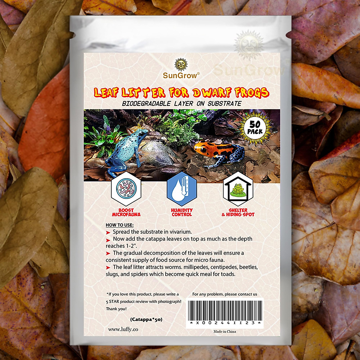 SunGrow Dwarf Frog Mini Catappa Leaves (50 Pc) - Tannin Helps Remove Ammonia, Lower pH - Leaf Litter Indian Almond Leaves, Aquarium Water Treatment, Decor Accessories