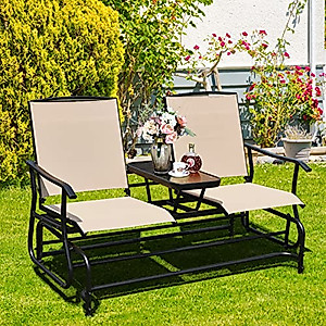 Giantex Patio Bench Glider Chair with Metal Frame, Center Tempered Glass Table, Outside Double Rocking Swing Loveseat for Porch, Garden, Poolside, Balcony, Lawn Rocker Outdoor Glider Bench(Beige)