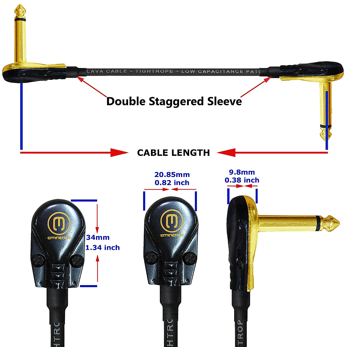 WORLDS BEST CABLES Lava Tightrope (Black) - 15 Inch - Guitar Bass Effects Instrument, S-Shaped Patch Cable with Premium Gold Plated ¼ Inch (6.35mm), Right Angle Pancake Type TS Connectors