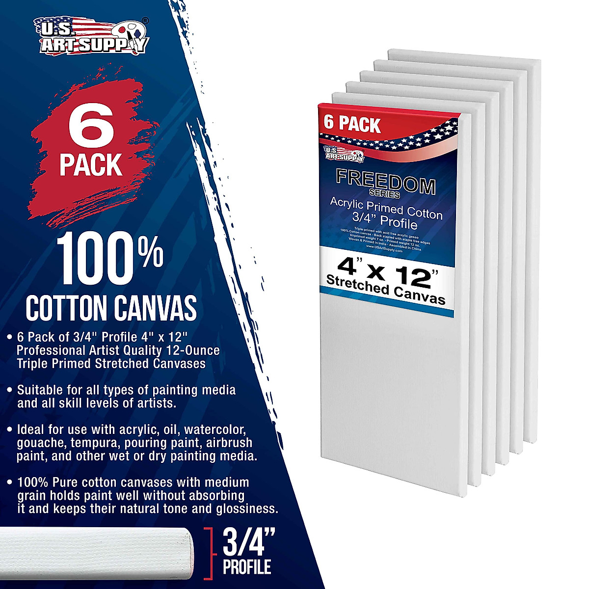 U.S. Art Supply 4 x 12 inch Stretched Canvas 12-Ounce Primed 6-Pack - Professional White Blank 3/4" Profile Heavy-Weight Gesso Acid Free Bulk Pack - Painting, Acrylic Pouring, Oil Paint