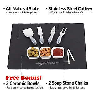 Large Slate Cheese Board and Knife Set, 7 piece w/ FREE 3 Ceramic bowls, Cheese Platter Slate Board, Cheese Serving Board, 4 Stainless Steel Knives, 2 Soap Stone Chalks, 16" X 12" (7 Piece + 3)
