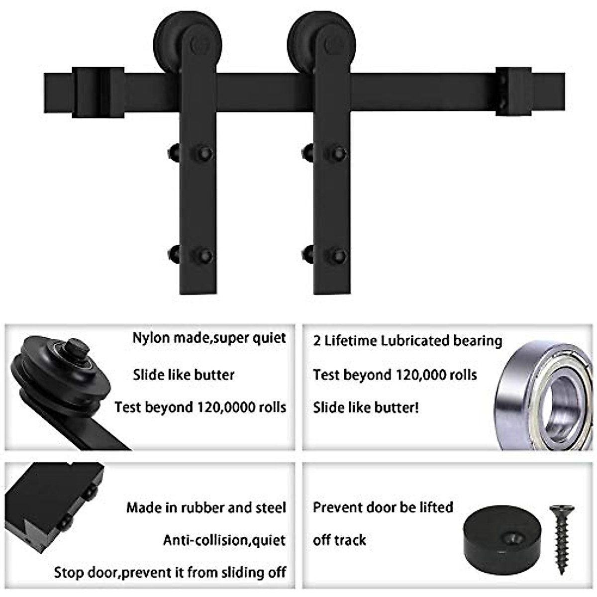WINSOON Sliding Barn Door Hardware Kit 5/6/8/10/12/13/15/16FT Single Wood Door Closet Track Roller Set Straight Design Black (5FT Single Door Kit)