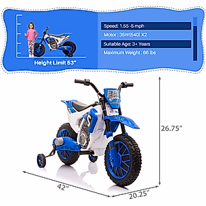 TOBBI Kids Motorcycle Dirt Bike 12V Electric Motorcycles Ride on Toys Battery Powered Motorbike Off-Road Motocross for Toddler Boys Girls 3+Years w/ 2 Speeds, 35W Dual Motors, Training Wheels, Blue