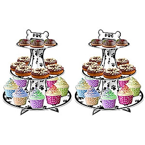 2 Set 3-Tier Dog Paw Print Round Cardboard Cupcake Stand for 24 Cupcakes Perfect for Kids Dog Paw Print Theme Birthday Party Decorations Dog Paw Print Party Supplies Cupcake Topper