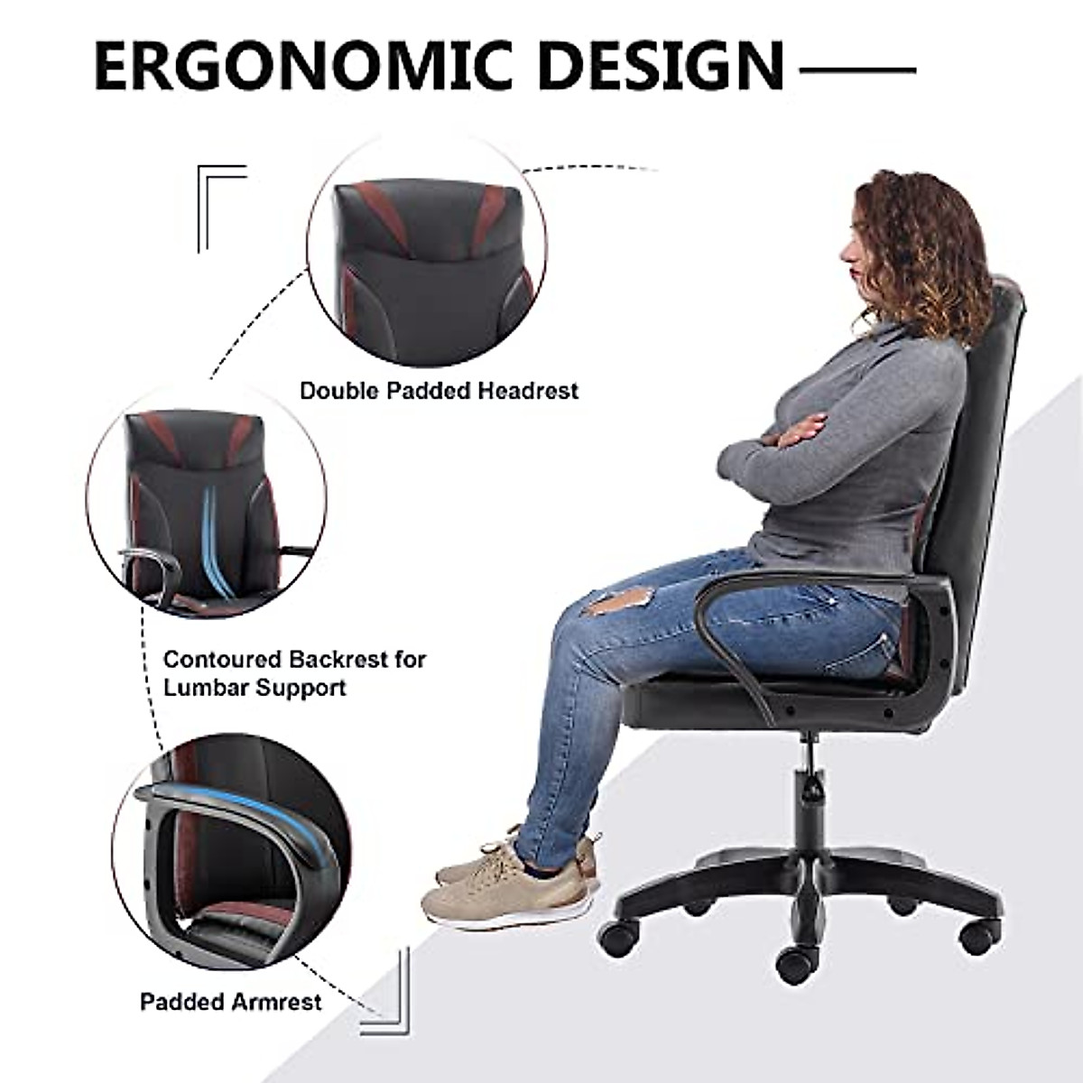 Executive Office Chair Leather, Ergonomic Office Desk Chair with Wheels Adjustable Swivel Chair Mid-Back Office Task Gaming Computer Chair