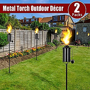 TaoTazon 2 Packs Metal Garden Torches for Outside, 16oz Outdoor Metal Torch, Citronella Torches Lighting with 4-Prong Grounded Stake for Garden Patio Pathway