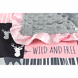 Baby Blanket - Minky, Deer, Arrows and Antlers, Pink with Gray and Black, with Pink Ruffles