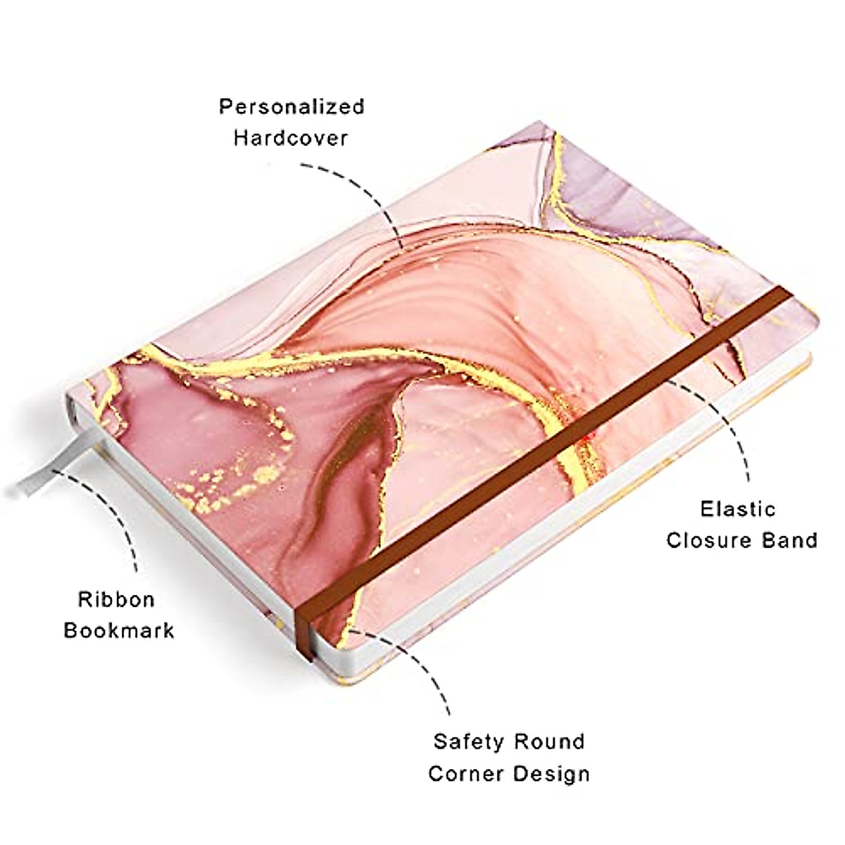 Huamxe Lined Journal Notebook, Marble Hardcover Journal for Women, Medium 5.7 x 8.4 in, 160 Pages Thick Paper, Cute Aesthetic A5 College Ruled Notebook for Journaling Writing Work Office School, Pink