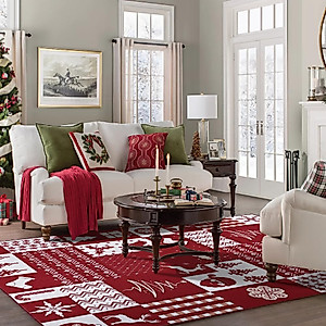 Syalife 9x12 Christmas Rug for Living Room, Bedroom, Dining Room, Large Red/White Area Rug, Indoor Festival Machine Washable Rugs, 9'x12', Patchwork Pattern