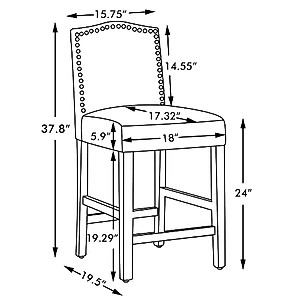GOTMINSI Grey Counter Height Bar Stool 24 Inches Upholstered Back Barstool with Antique Gold Nail Heads Solid Wood Set of 2 Counter Height Bar Chairs