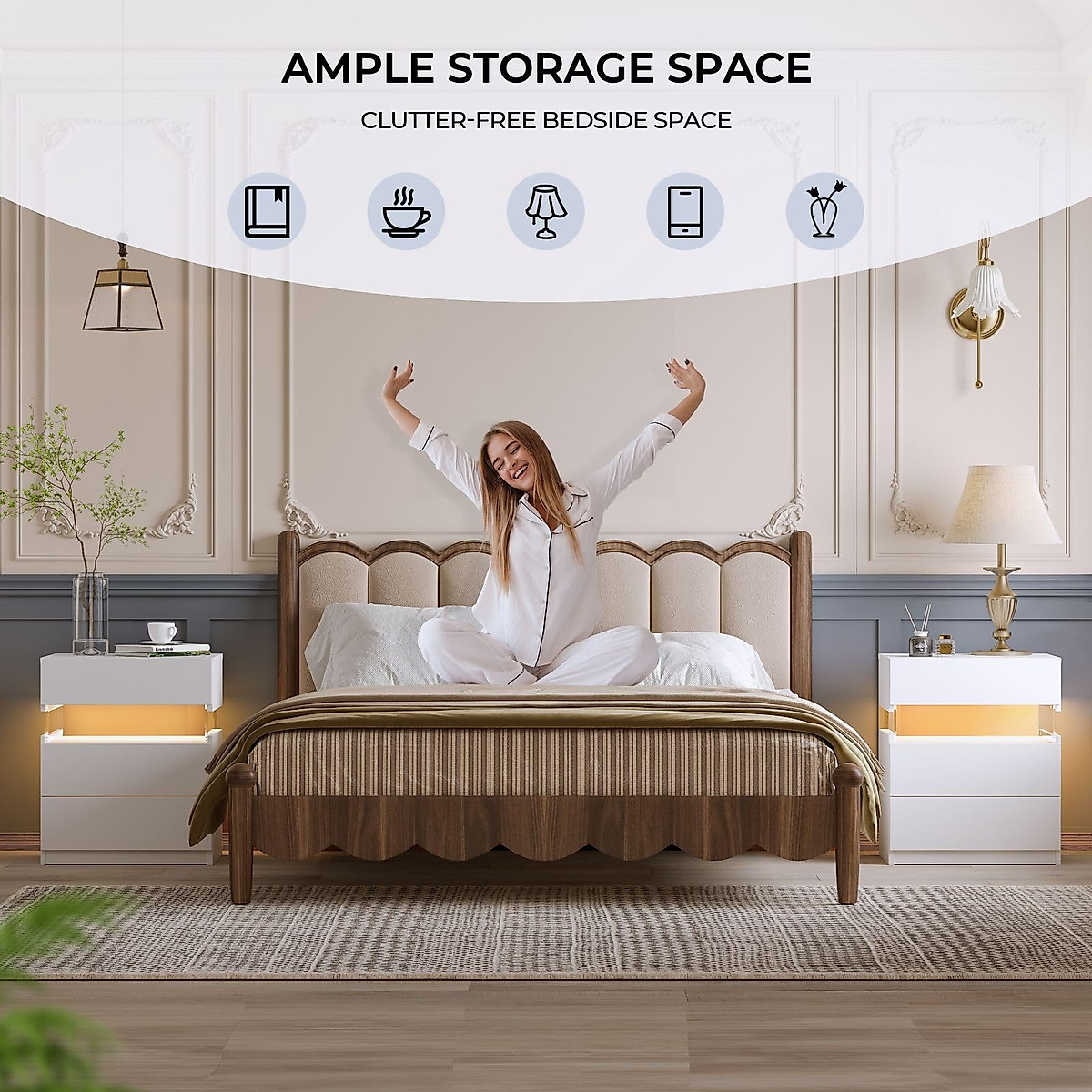 i-aplus Night Stand Set 2 LED Night Stand for Bedroom Modern LED Bedside Table with 3 Drawers End Side Table