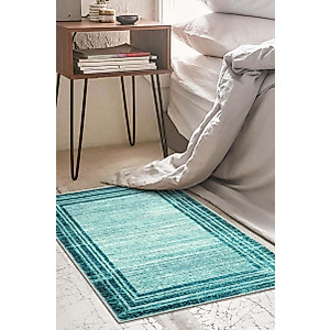 Lahome Abstract 2x3 Teal Kitchen Rug,Washable Low-Pile Entry Rug Non-Slip Door Mat Indoor Entryway Rug,Modern Bordered Soft Small Bathroom Mat Throw Rug