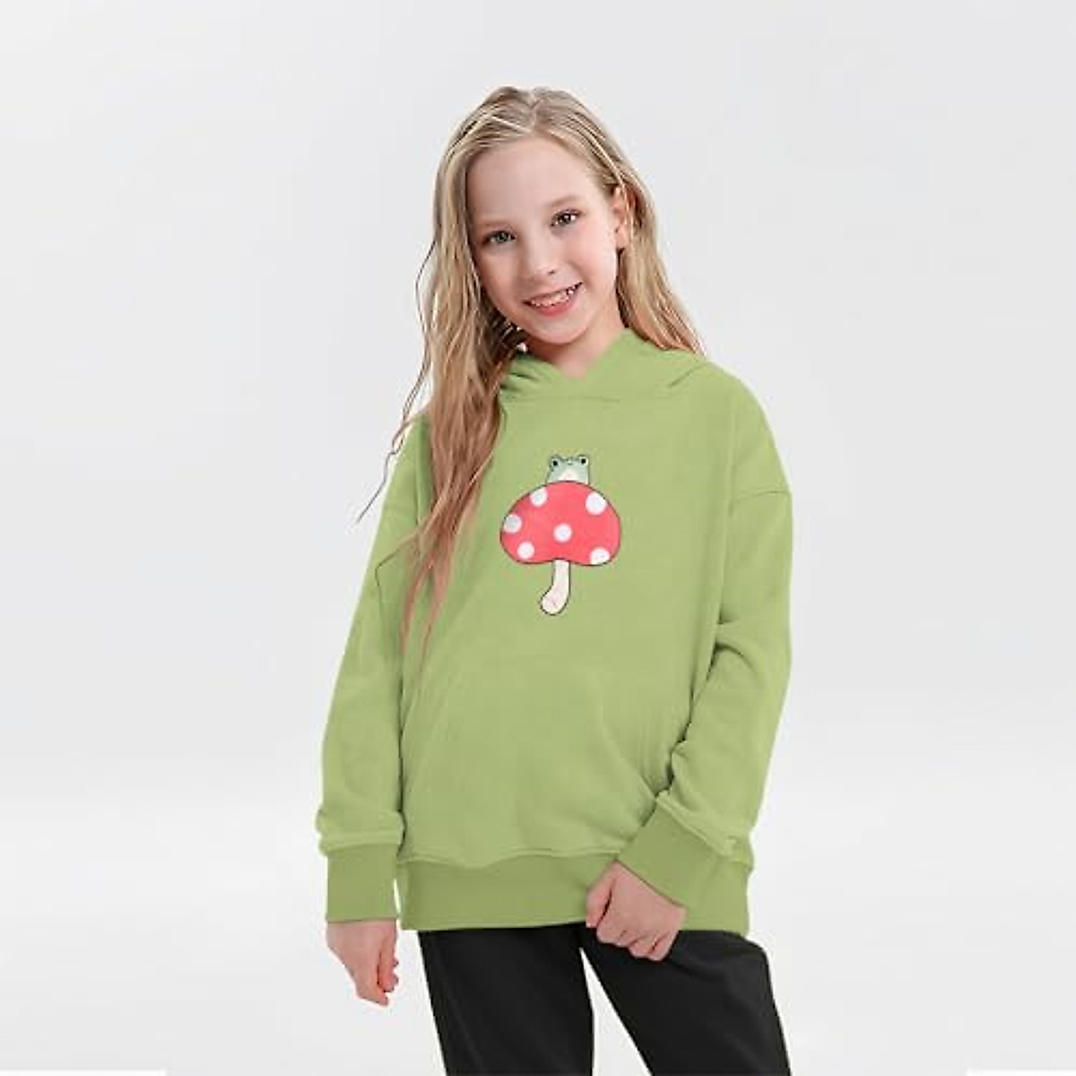 CM C&M WODRO Girls Sweatshirt Kawaii Frog Hoodie Cute Mushroom Long Sleeve Pullover Tops Kids Aesthetic Fall Winter Clothes(Olive green,11-12Y)