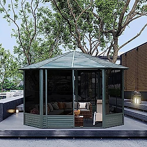 Domi 13x13FT Sunroom,Aluminum Solarium with Galvanized Steel Sloping Roof, Lockable Screen House, Moveable PC Screen&Sliding Door for Patio Deck Backyard Lawn