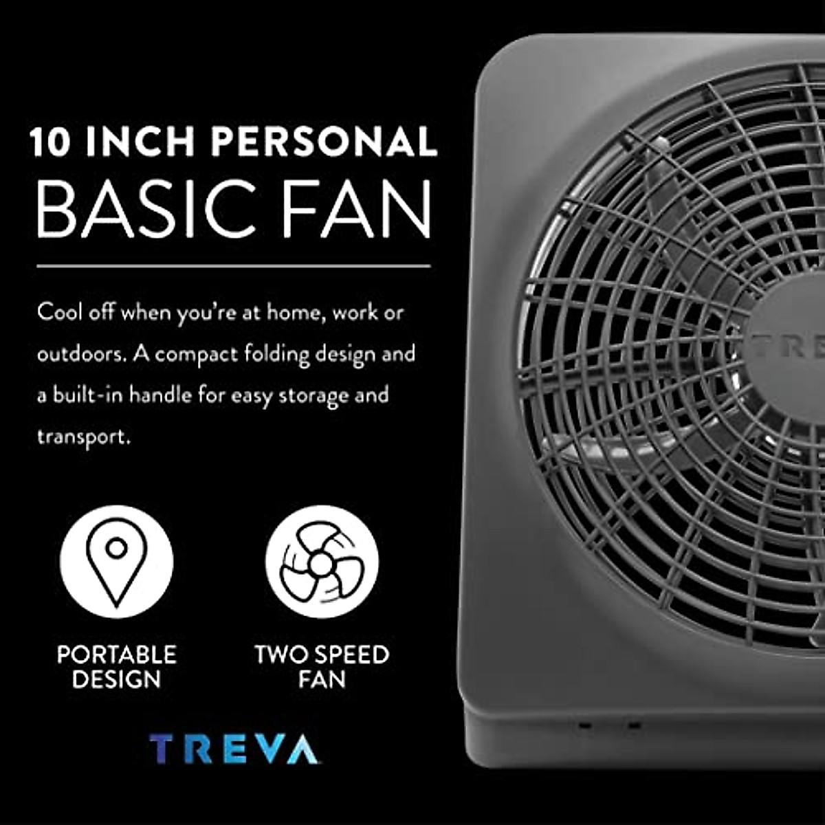 Treva 10-Inch Portable Desktop Air Circulation Battery Fan, 2 Speed, Compact Folding & Tilt Design, with AC Adapter - 2 Pack (Graphite)