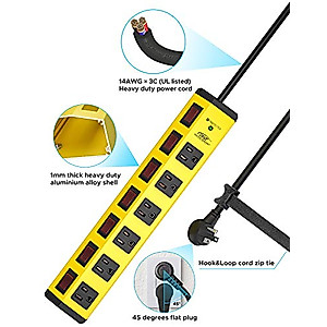 CRST 6-Outlet Heavy Duty Metal Power Strip with Individual Switches and Flat Plug, 15AMP/1875W Surge Protector (1200 Joules), 6-Feet 14AWG Cord with Hook and Loop Fastener