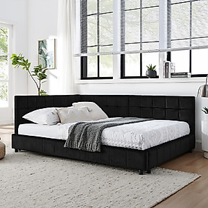 SOFTSEA Full Size Upholstered Corner Daybed, Modern L-Shaped Daybed with Tufted Backrest, Velvet Corner Sofa Bed Floor Bed Frame for Kids Teens Adults, Easy Assembly, Black