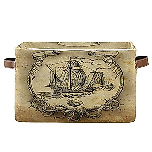 Vintage Sea Octopus Nautical Sailboat Storage Bin with Handle Foldable Canvas Storage Basket Box Cube Organizer for Bedroom Home Office Closet Shelve Clothes Toy,1PC