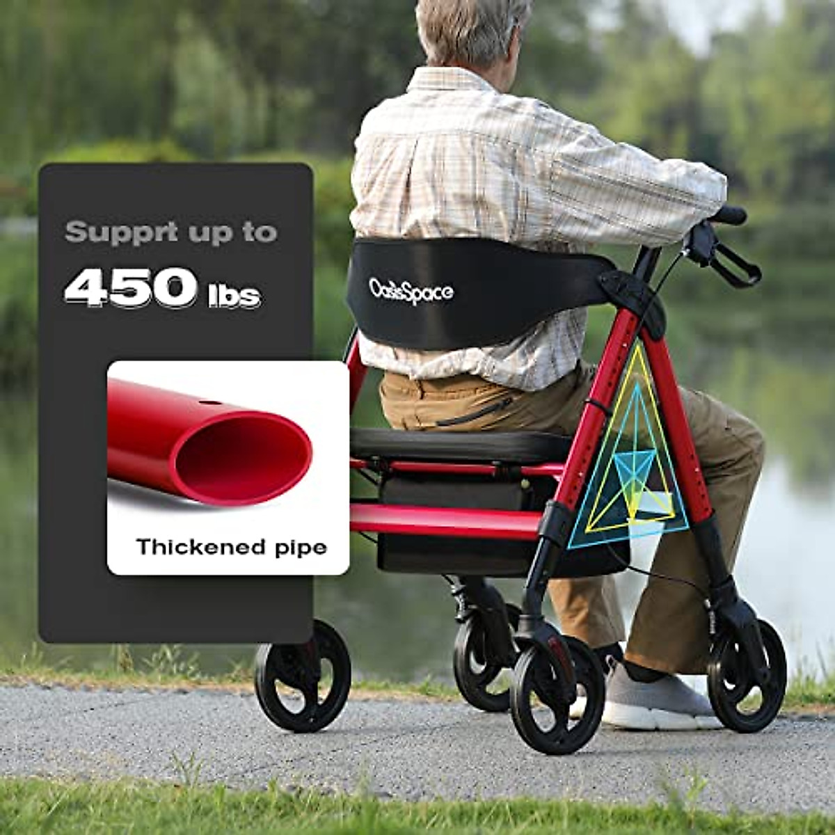 OasisSpace Heavy Duty Rollator Walker - Bariatric Rollator Walker with Large Seat for Seniors Support Up 450 lbs (Red)