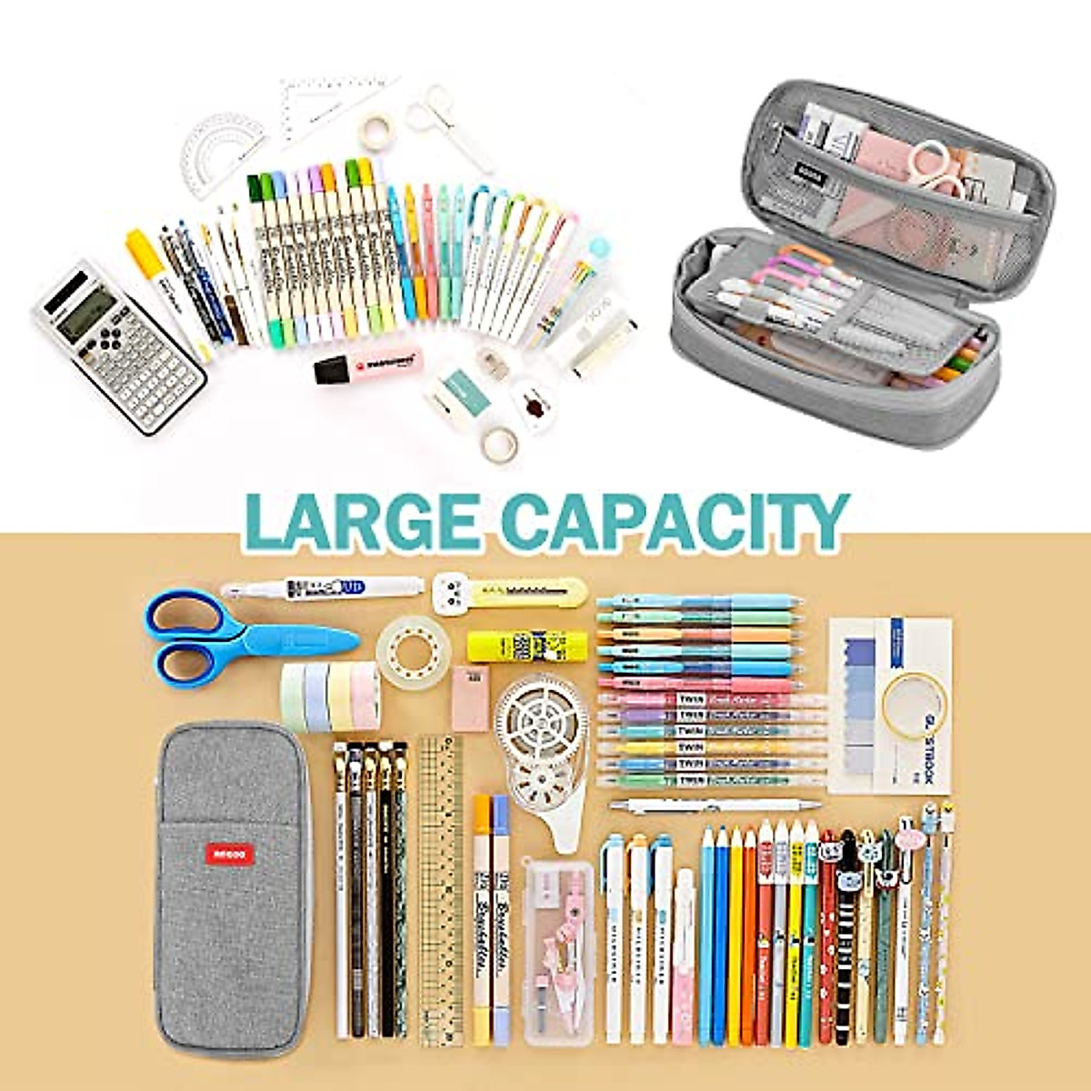 Large Pencil Case Pencil Pouch Can Expand Pencil Bag Big Capacity Pencil Bag Large Storage Pouch Pencil Case Aesthetic Pencil Cases for Adults Cute Pencil Pouch (grey) (kl2)