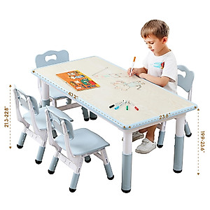 JIAOQIU Kids Table and Chair, Toddler Table and Chair Set, Adjustable Kids Table, Non-Slip Table Legs&Organizer, Graffiti Desktop, Suitable for Kids Table and Chairs Ages 3-12