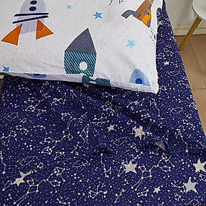 Brandream Outer Space Toddler Bedding Sets for Boys Spaceship Galaxy Rocket Bed in A Bag Cotton Comforter Set, 4PCS Includes Comforter, Top Sheet, Mattress Sheet, Pillowcases