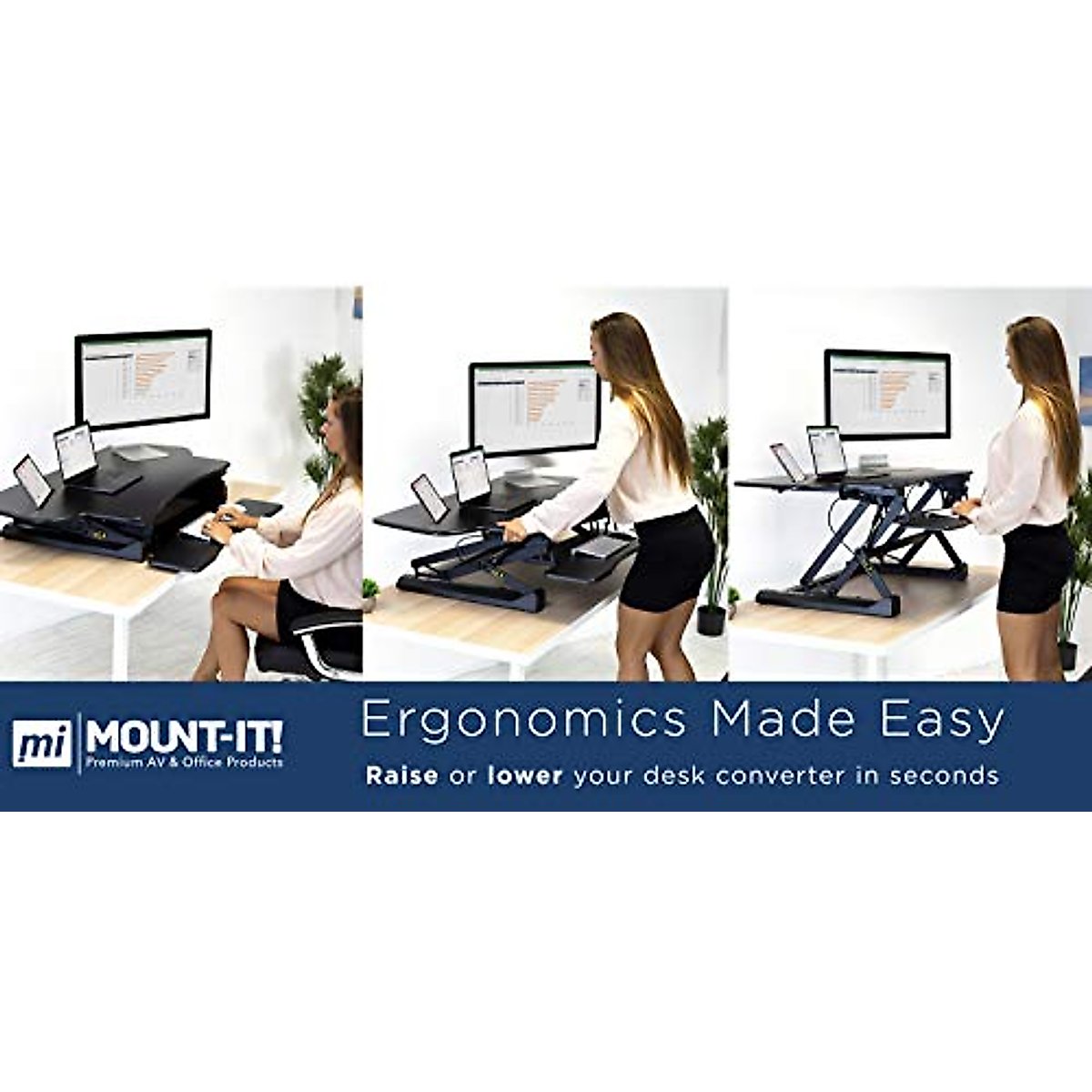 Mount-It! Height Adjustable Standing Desk Converter | 48” Wide Tabletop Sit Stand Desk Riser with Gas Spring | Stand Up Computer Workstation Fits Dual Monitors | Black | MI-7925