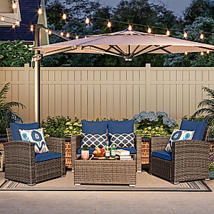 JOIVI Patio Furniture Set, 4 Piece Outdoor Patio Conversation Set, All-Weather PE Rattan Wicker Sectional Patio Sofa Set with Tempered Glass Coffee Table for Family Gatherings, Navy Blue