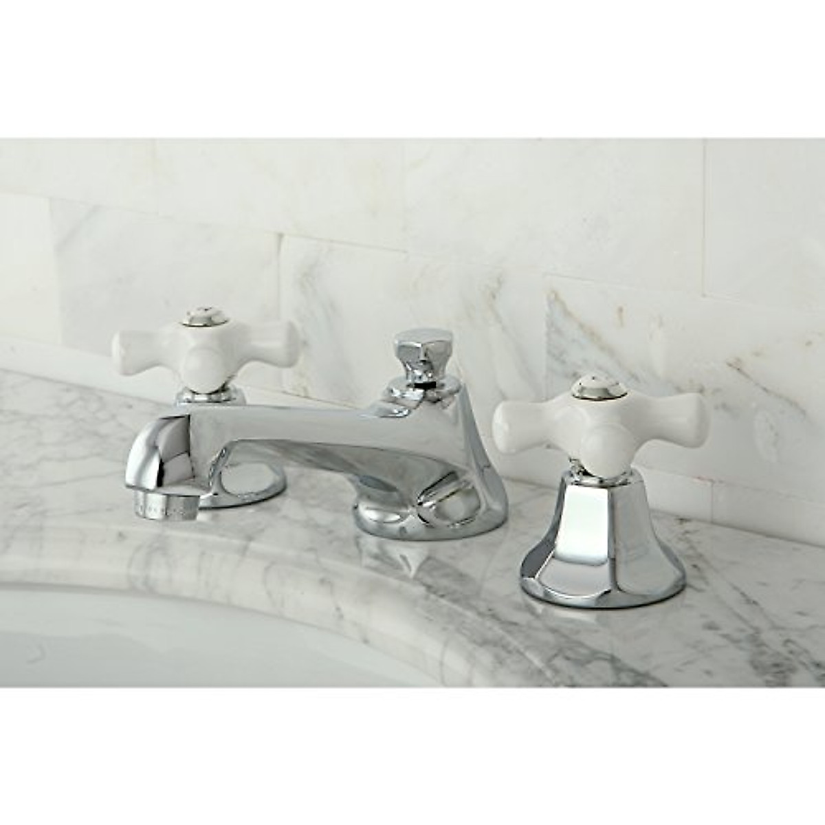Kingston Brass KS4461PX Metropolitan Widespread Lavatory Faucet with Porcelain Cross Handle, Polished Chrome,8-Inch Adjustable Center