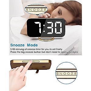 Digital Alarm Clock,7 in LED Mirrored Clocks Large Display,with 2 USB Charger Ports,Auto Dim,Night Mode,Modern Desktop Electronic Clocks for Bedroom Home Office Decor - Gold