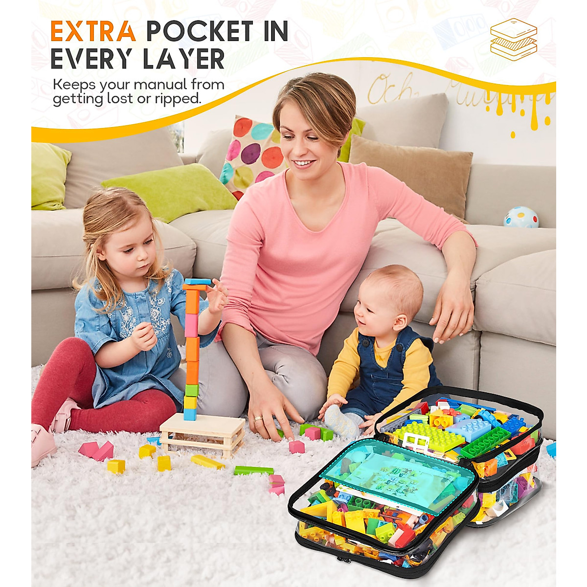 MISSLO 3-Layer Storage Organizer with 3 Manual Pockets Clear Storage Bag for Puzzles, Bricks, Building Blocks, Crafts (Black)