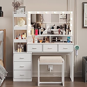 PAKASEPT Makeup Vanity Desk with Mirror and Lights, Vanity Desk with Charging Station, Drawers, Movable Shelves for Makeup, Modern Vanity Table Set with Vanity Stool for Bedroom, White