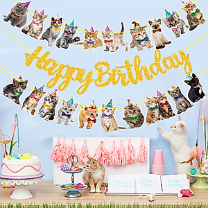 Cat Birthday Banner Decorations Kitten Birthday Party Decorations Supplies Gold Glitter Cat Happy Birthday Banner Decorations for Pet Kitten Theme Birthday Party Bunting Decorations Supplies