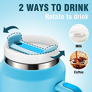 PlanetFlame 64oz Insulated Tumbler with Handle, Stainless Steel Double Wall Vacuumn Water Bottle, Lid and Straw for School, Gym, Hiking & Camping, Blue