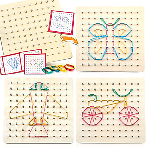 Wood GeoBoard - Geo board 10 x 10 Graphical Educational Mathematics Material with Rubber Tie and Cards, Preschool Kids Mathematical Brain Teasers, Early Learning Development DIY Toy for Toddler