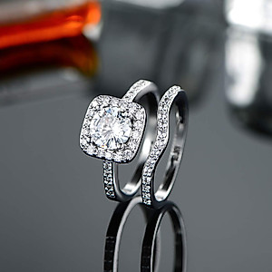 OPOMOMO Engagement Ring Set,18K White Gold Plated Cubic Zirconia Promise Eternity Rings for Women Pack of 2 PCS (5)