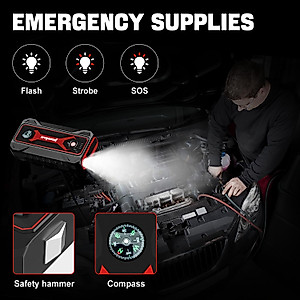 Svpast Jump Starter Car Battery Charger Portable 1600A Peak 18000mAh 12v Power Booster Pack Up to All Gas 7L Diesel Jumper Cables Dual USB Quick Charge QC 3.0 with Compass and Safety Hammer (NW-100)