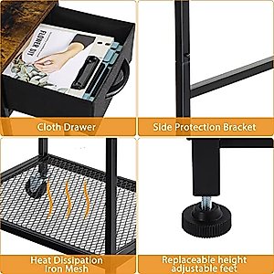 YBING Computer Tower Stand PC Tower Stand with Storage Drawer Mobile CPU Holder Stand with Caster Wheels 2 Tier Rolling Computer Tower Cart for Home Office Fax, Rustic Brown